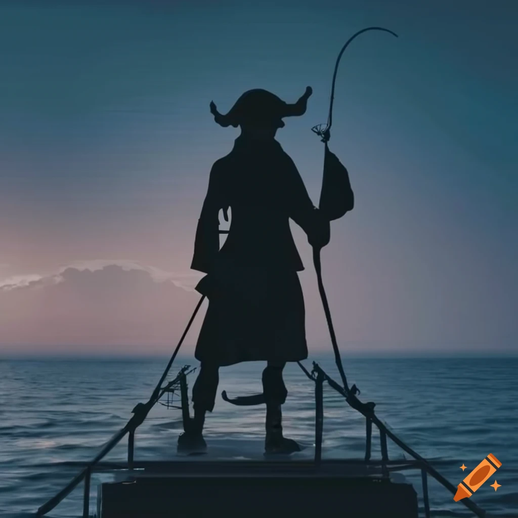 A silhouette of a pirate standing on the deck of a pirate ship holding ...