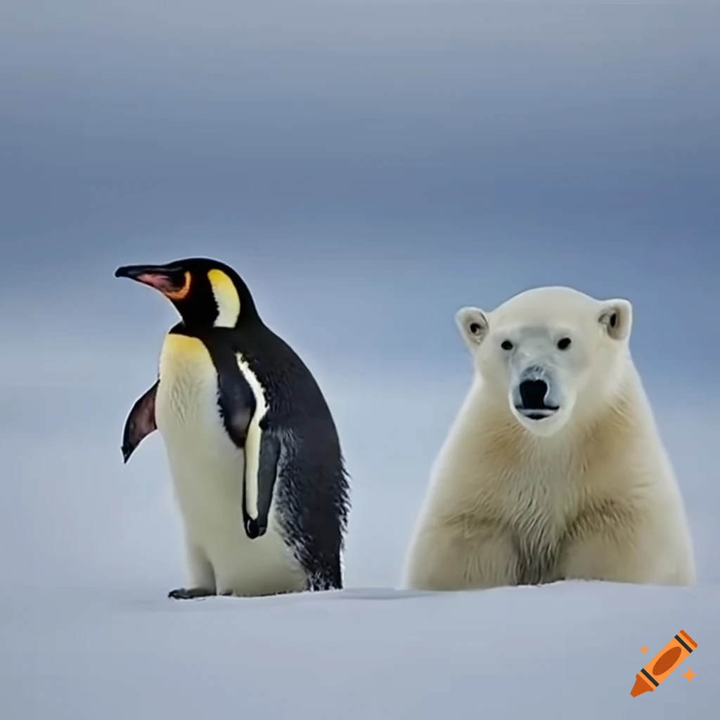 Penguin and young polar bear on hill on Craiyon