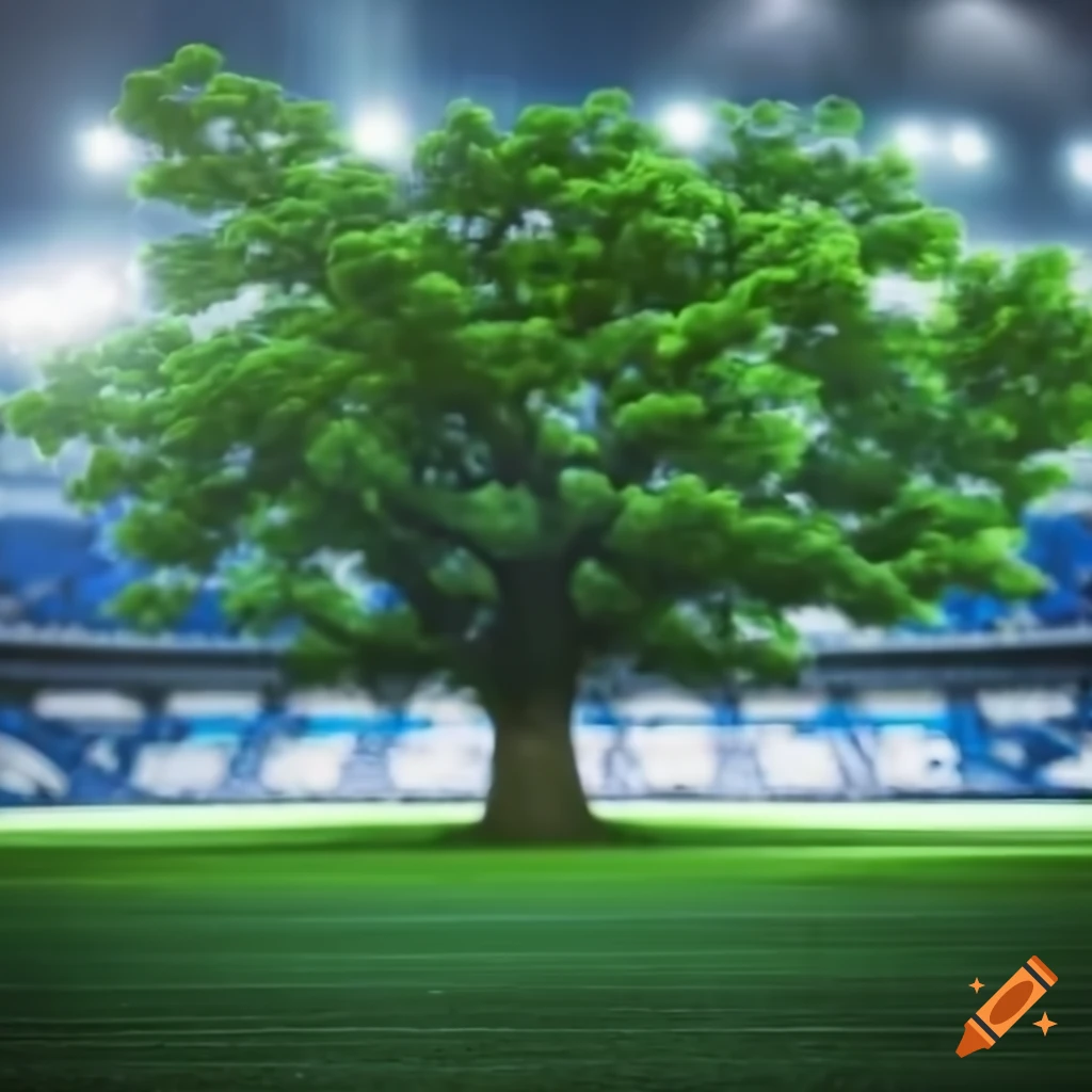 Abstract giant oak tree in soccer stadium bokeh