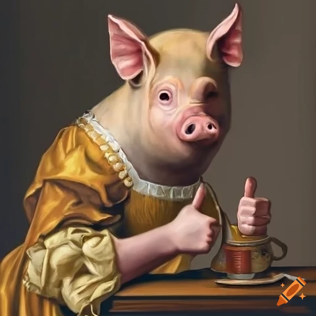 Realistic renaissance painting of noble pig giving thumbs up in the ...