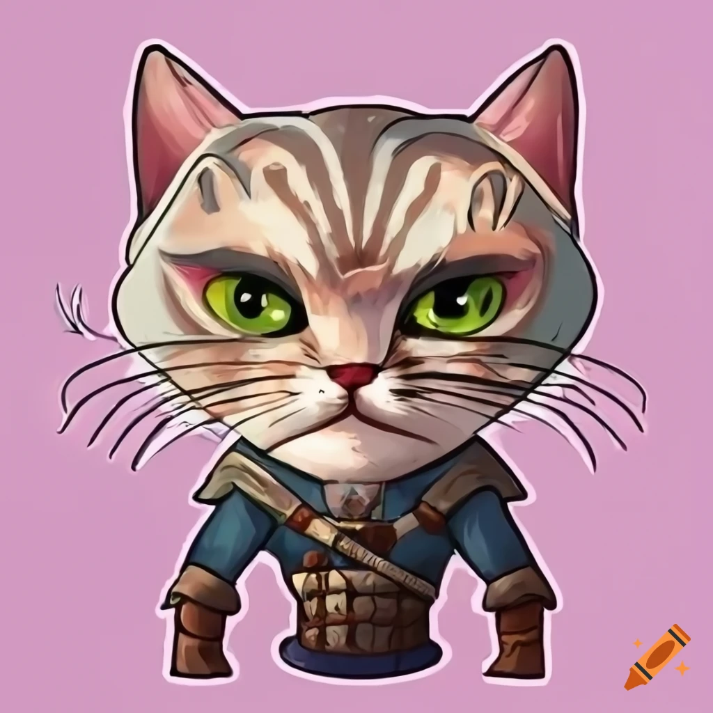 Cartoon geralt of rivia as a cat, in the sticker format on Craiyon