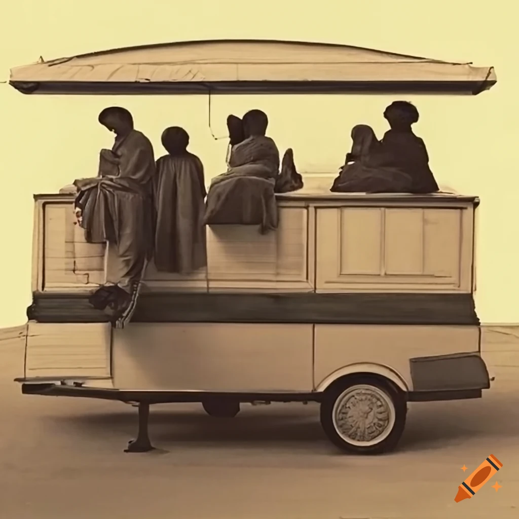 Walker evans style, people sitting on a caravan roof on Craiyon