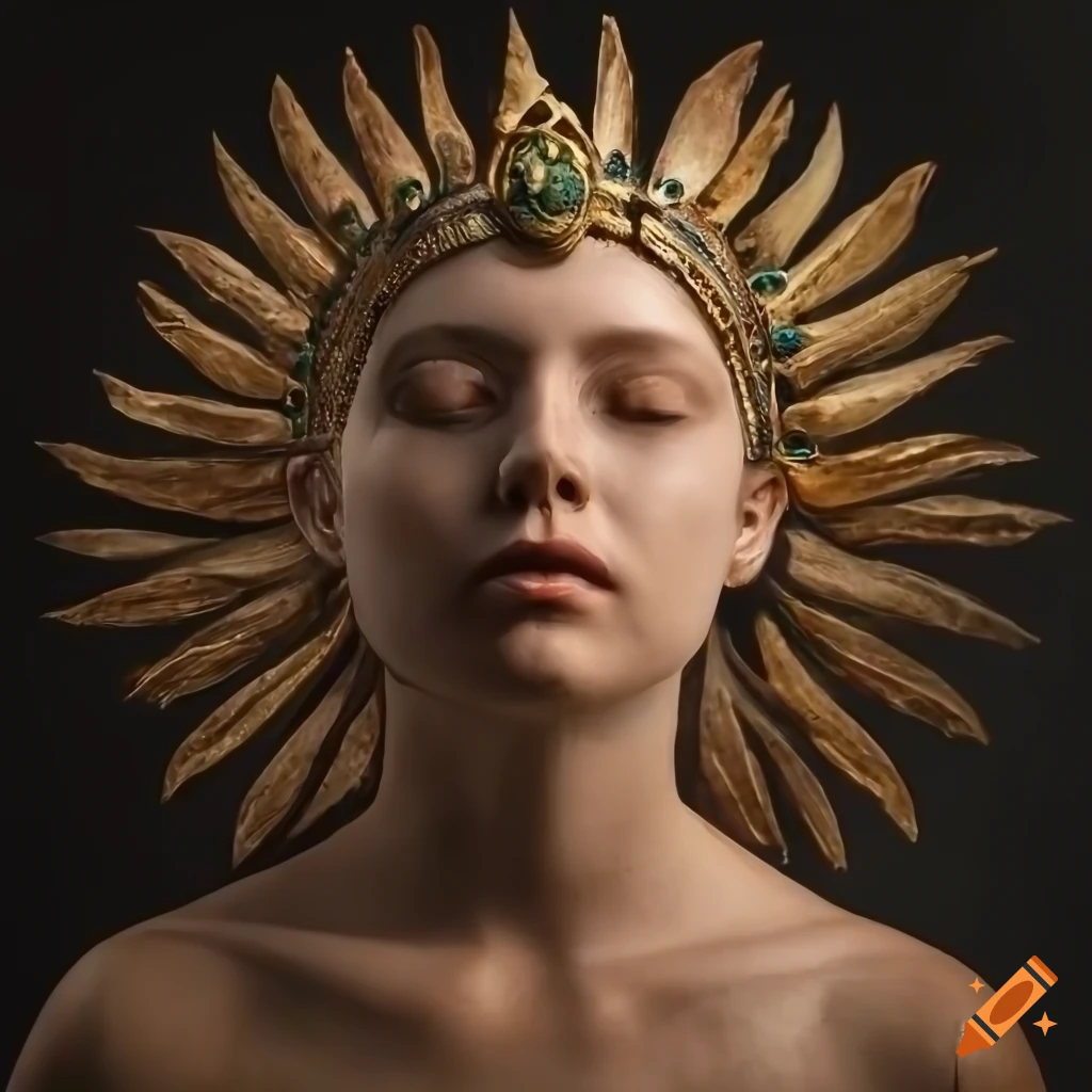 Young queen of the sun standing in front of an organge surface, eyes ...