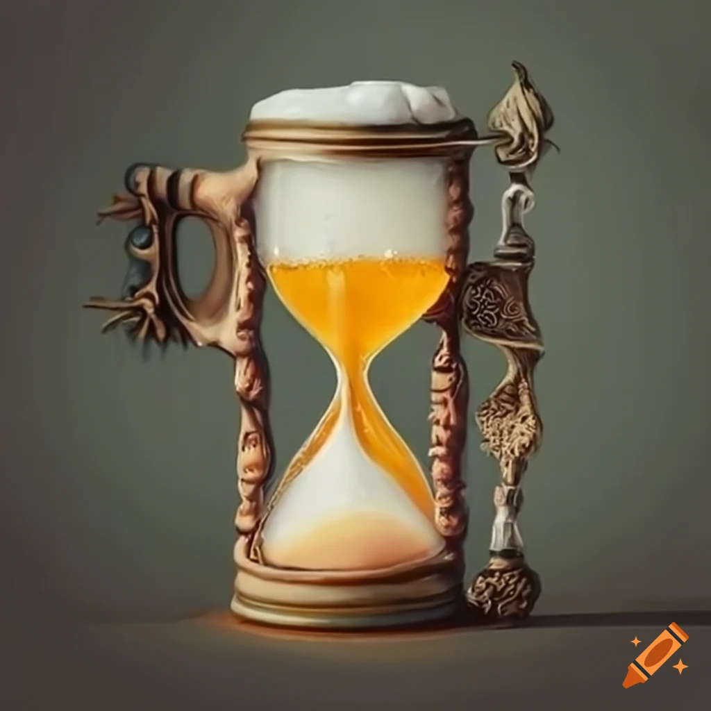 Surrealist painting of a beer stein turning into an hourglass