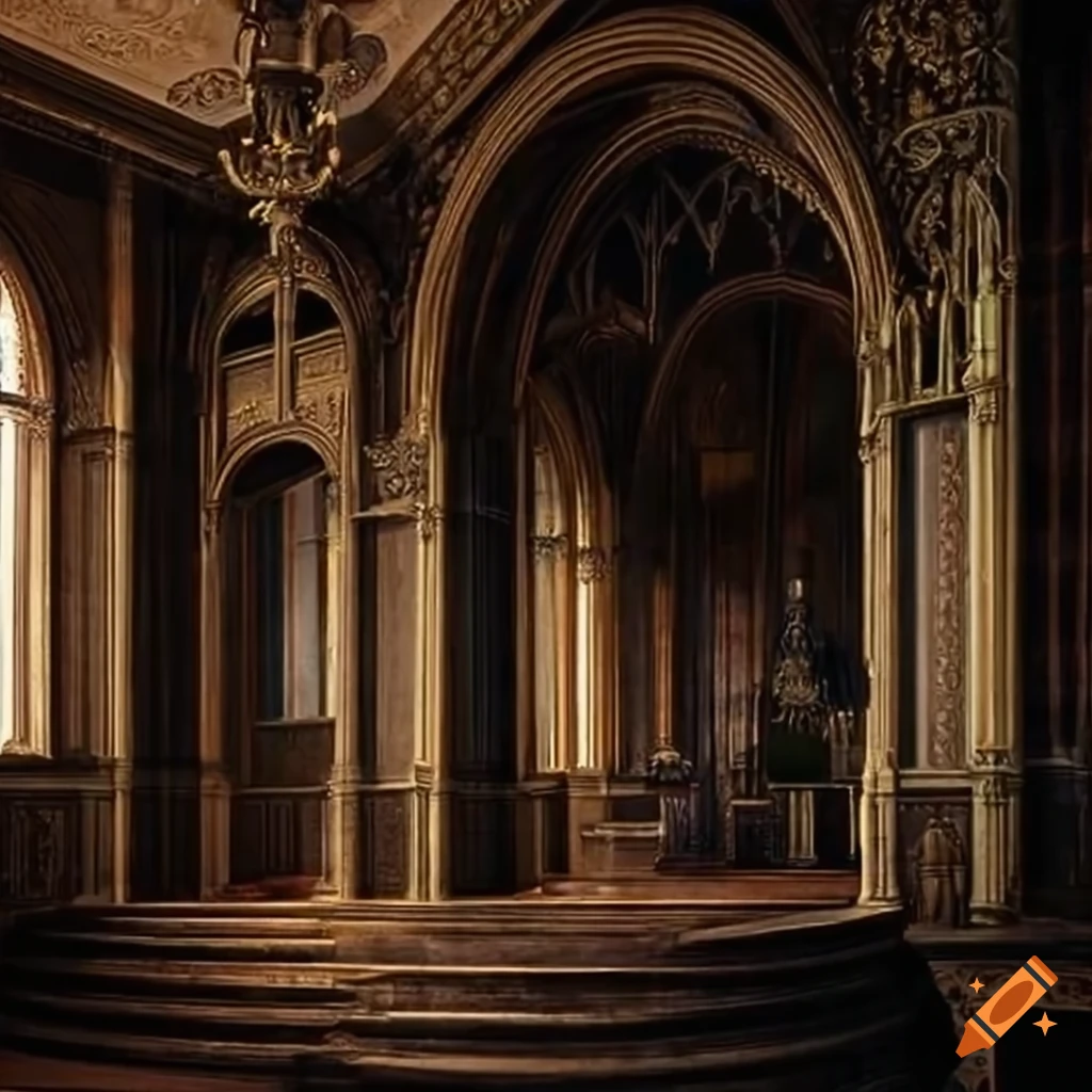 A gothic-style royal court room with archways on the second floor