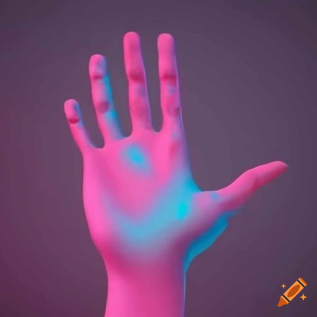 Pink and blue digital hand against window. cinematic cgi, fantasy lighting
