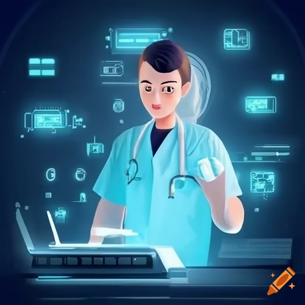 Illustration of doctors interacting with ai for benefit of the patient
