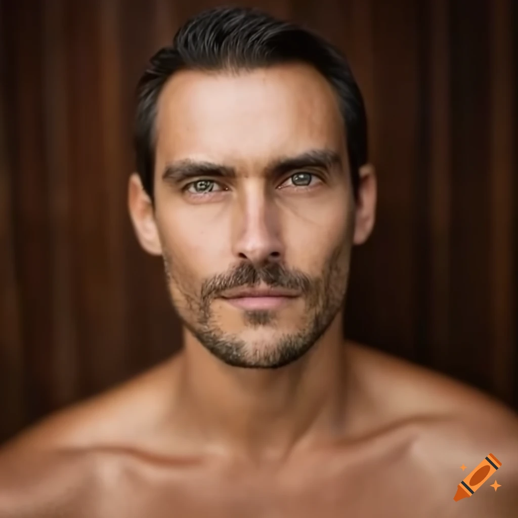 A handsome adult man with Australian heritage, dark hair, brown eyes ...