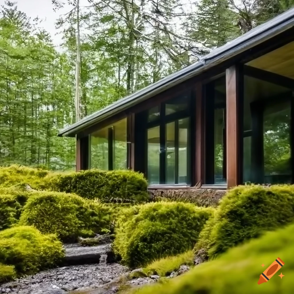 A modern house surrounded and full of moss on all sides, professional ...