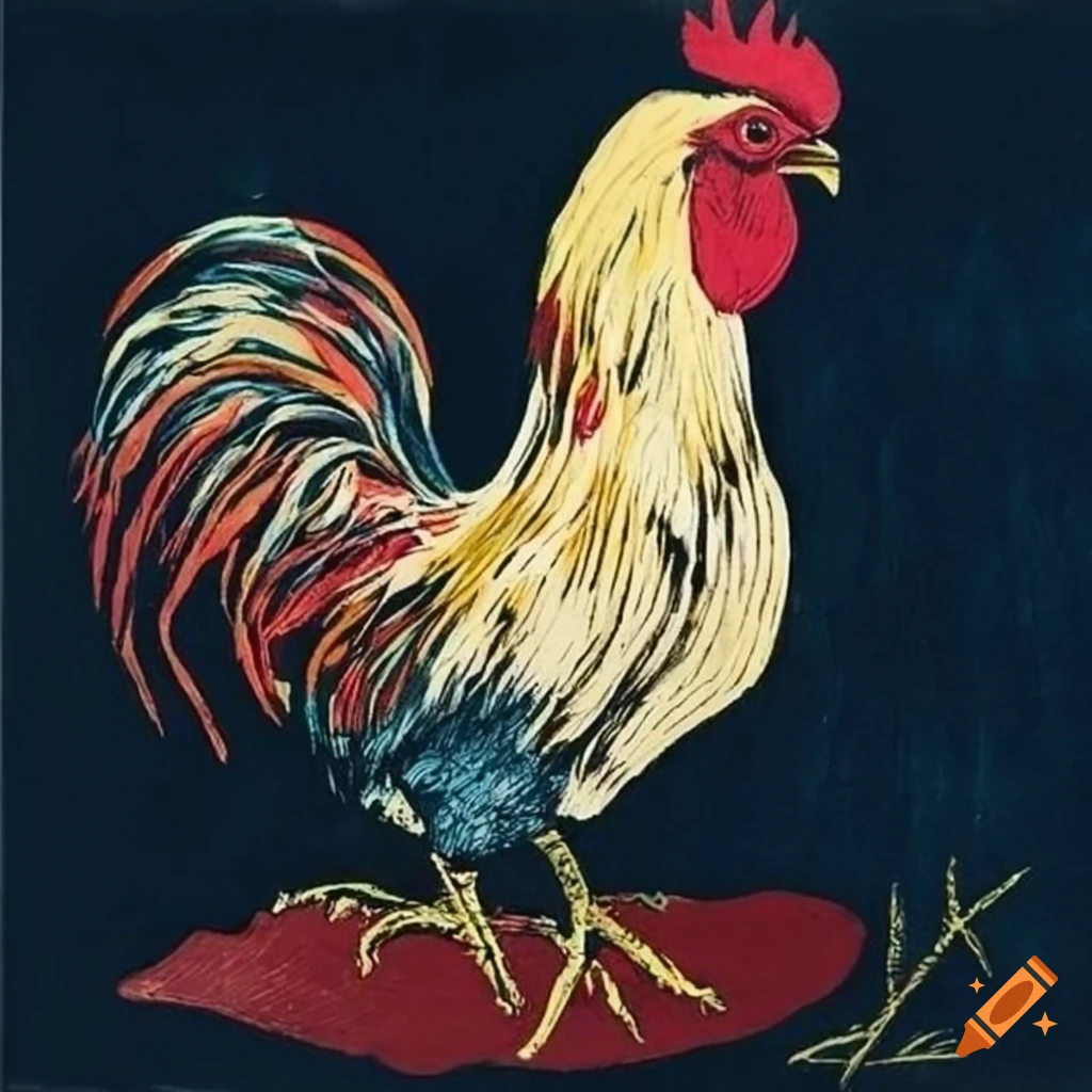 Rooster portrait etching linocut by schiele