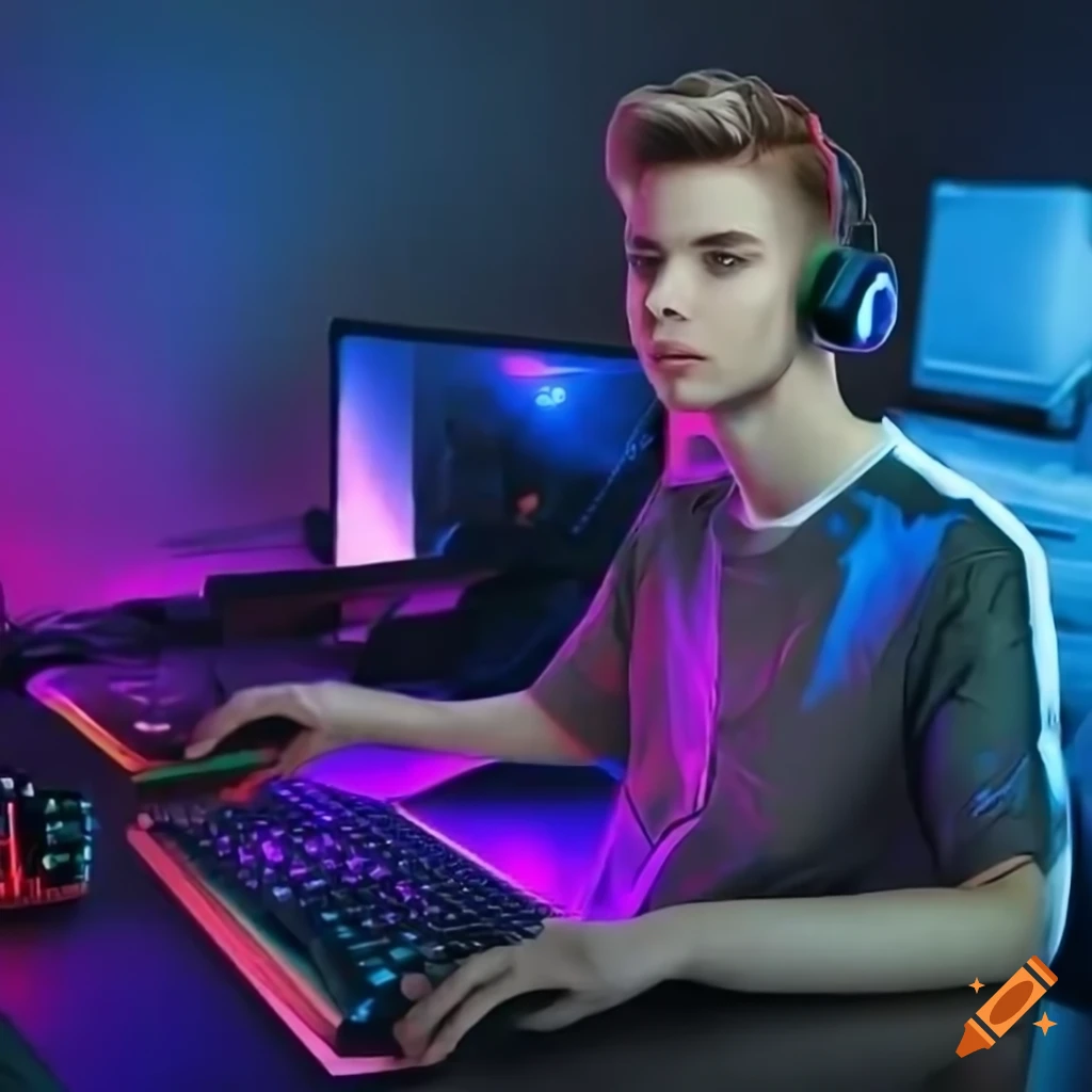 Cool handsome gamer with high quality pc set-up on Craiyon