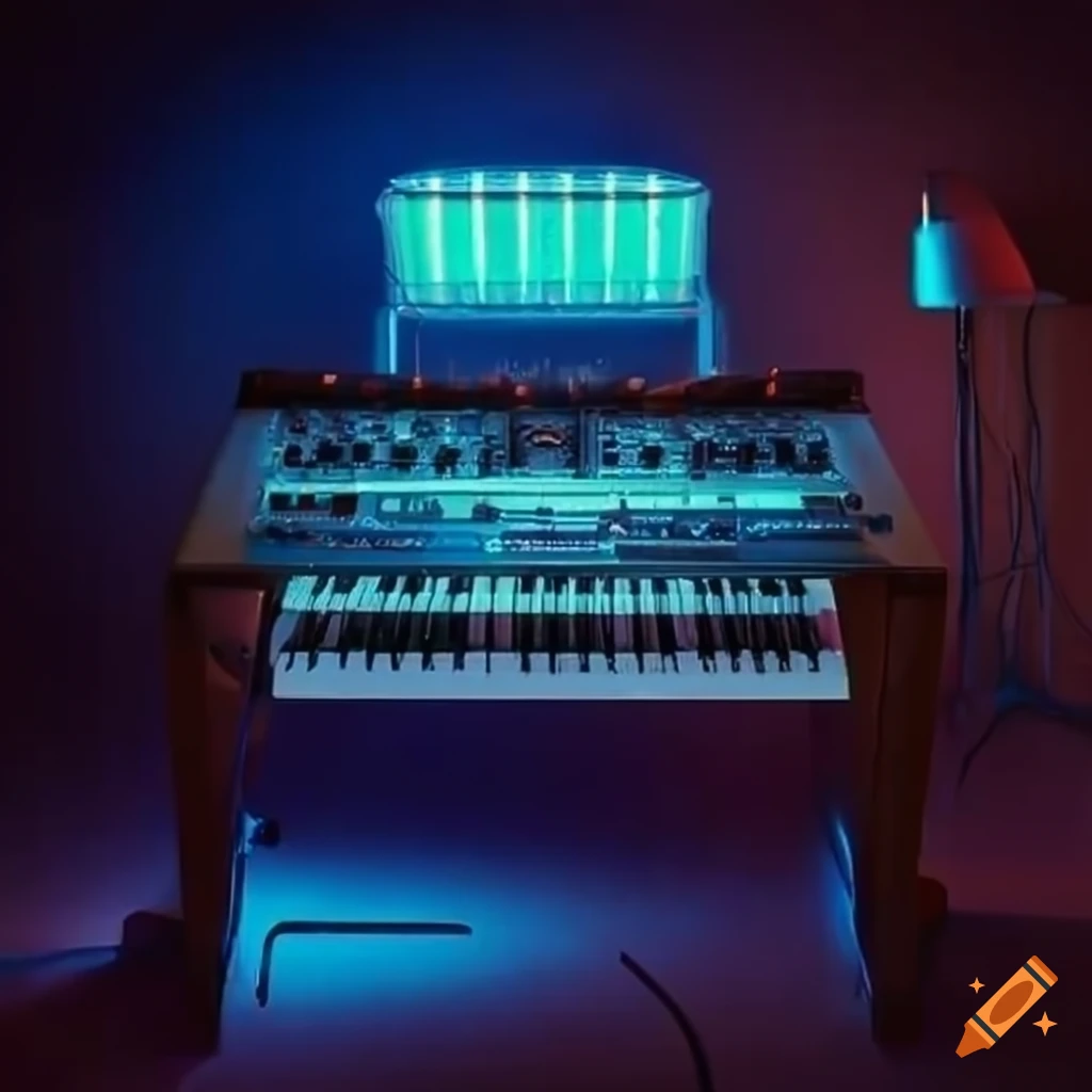 Rack full of illuminated synthesizers with glowing electron tubes in ...