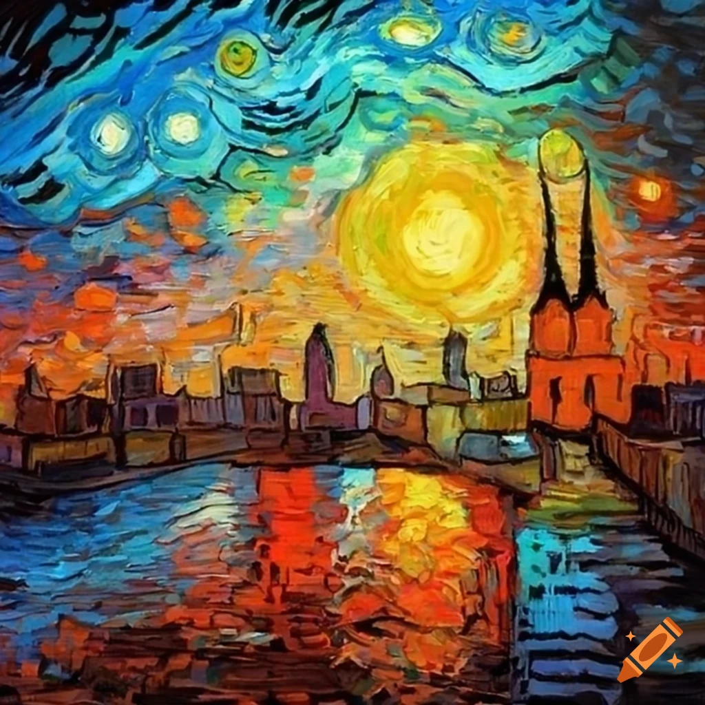 Rising sun over city in the style of van gogh painted with water colors ...