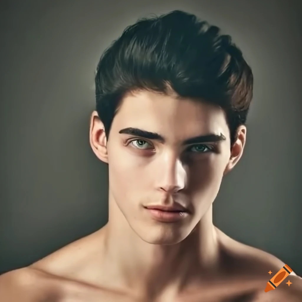 Handsome strong young man with english heritage, black hair, green eyes