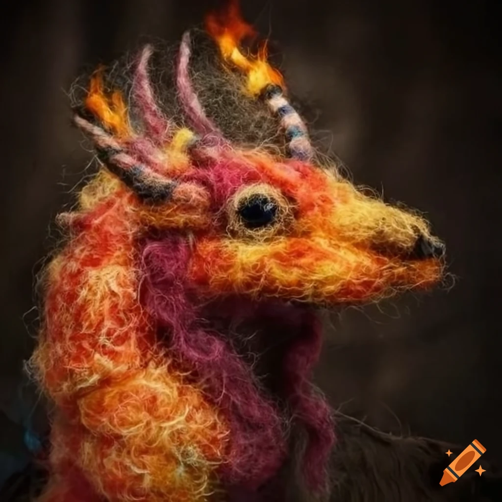 Felted wool creatures from the Fire kingdom with ornate outfits on Craiyon