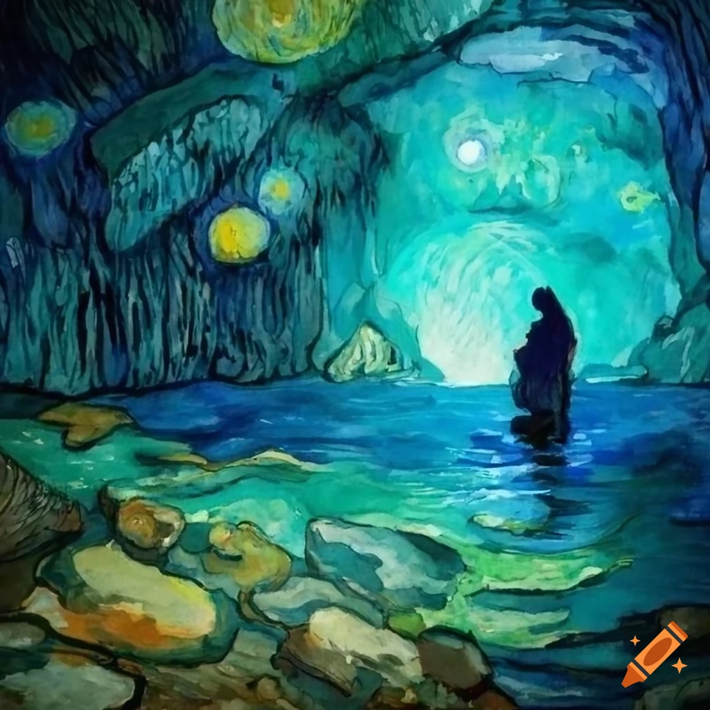 Underwater cave in the style of van gogh and painted with watercolors