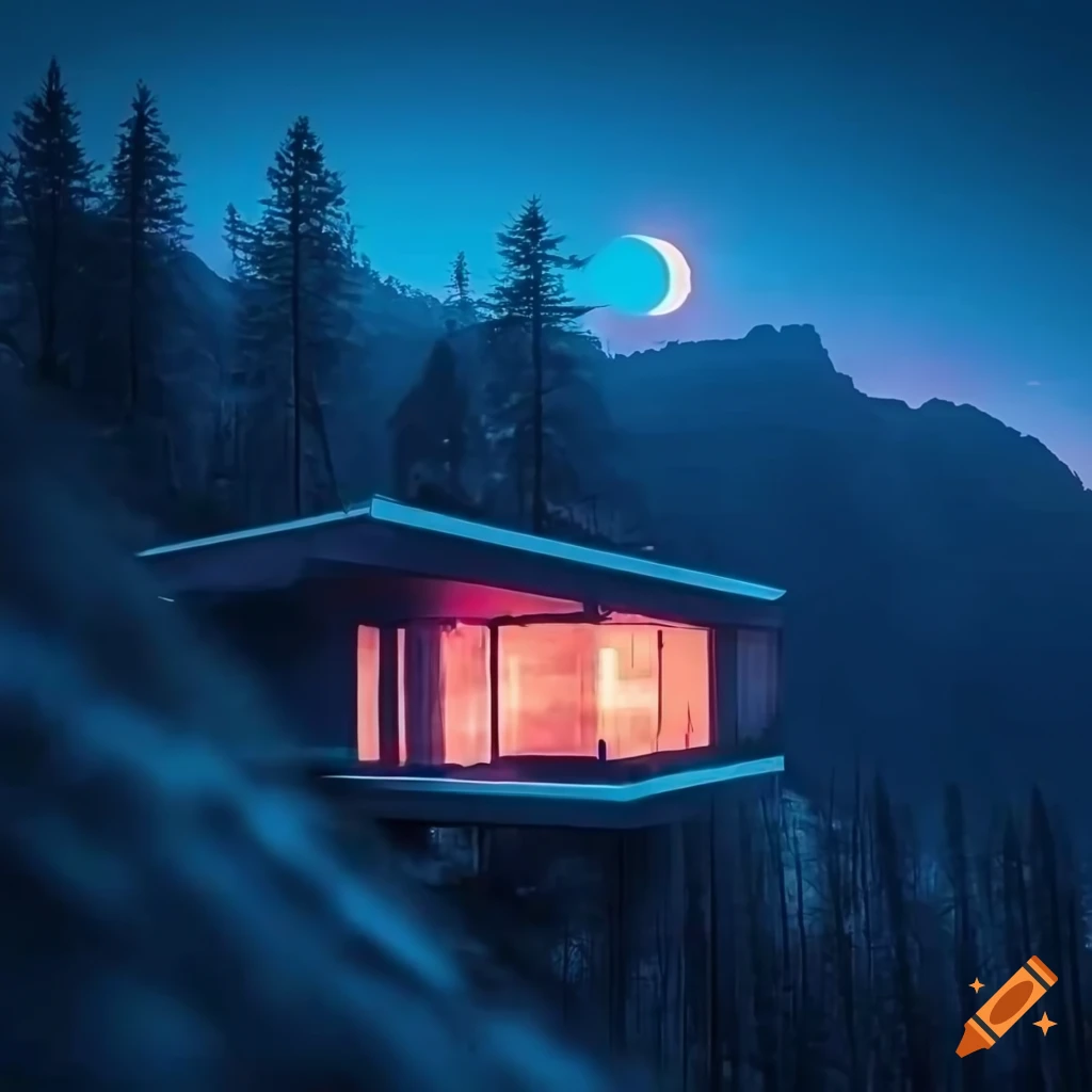 High tech neon glow cyber modern architecture alpine cottage in the ...