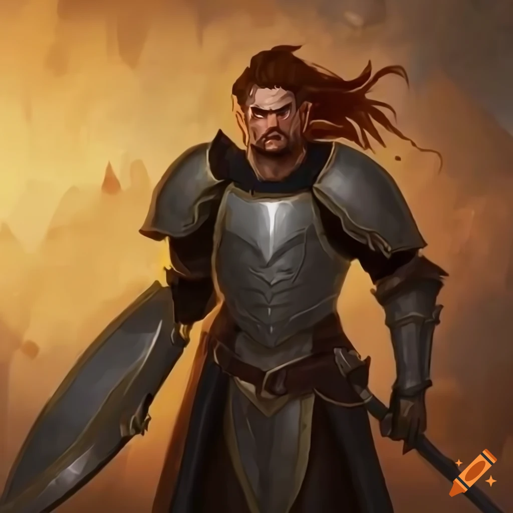 Paladin character, human male, wearing armor holding a weapon and ...