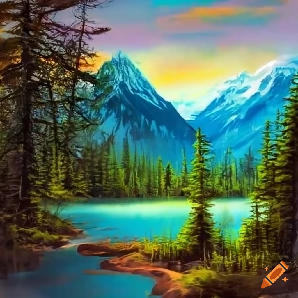 Lake under mountain with forest in bob ross style, larry elmore style