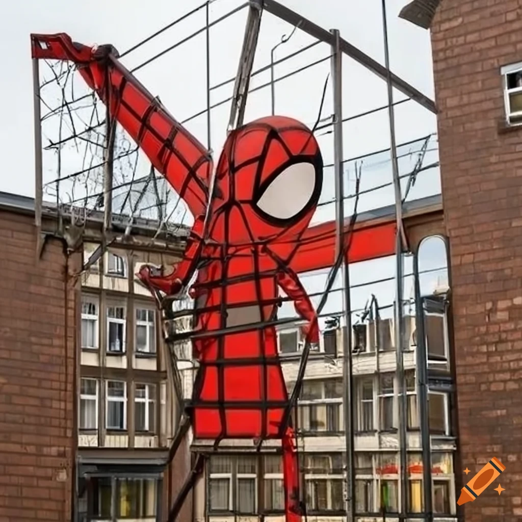 A metal climbing frame in the shape x of spider-man with brown blocks ...