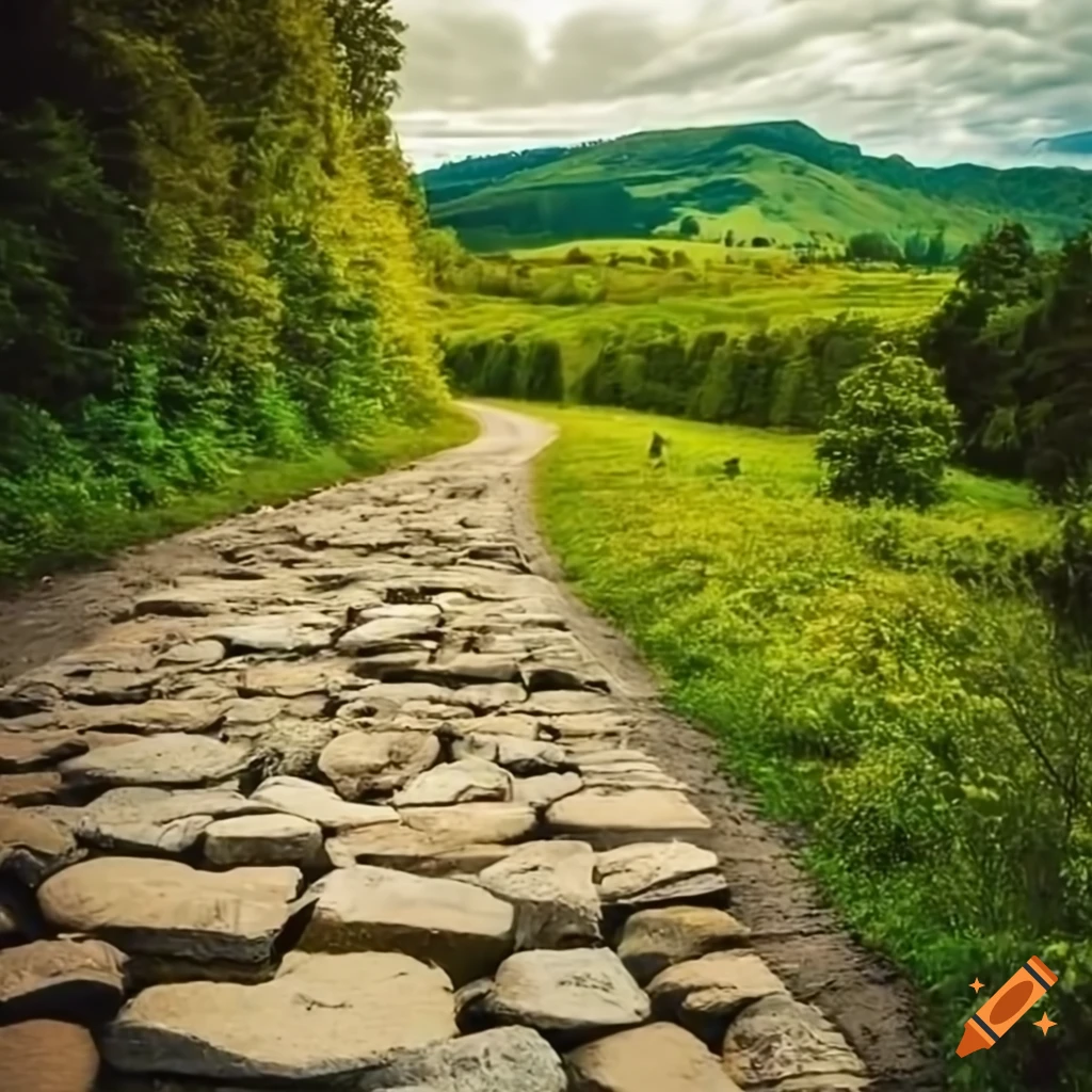 Huge stone road in the countryside, vibrant landscape, extreme detail, beautiful on Craiyon