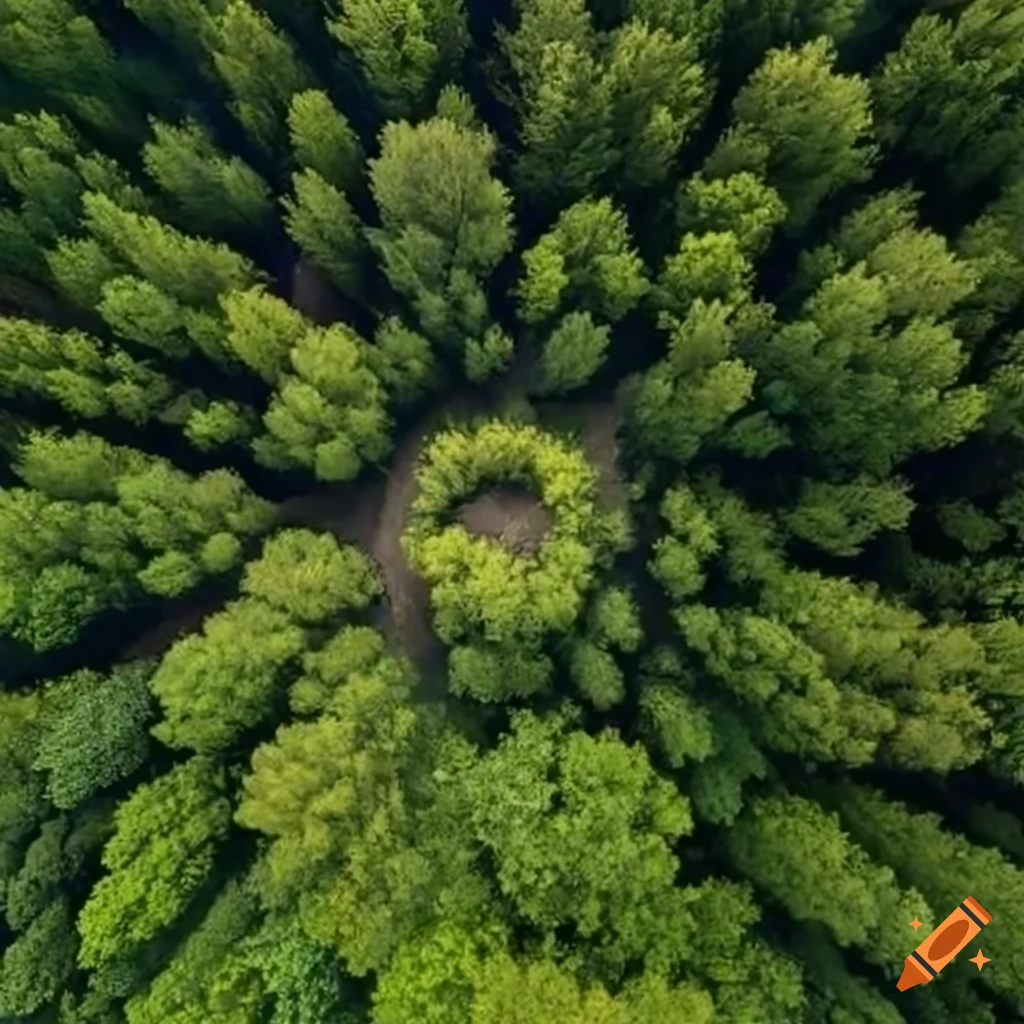 Zoomed out top view of a dense forest that has a closed loop trail that ...