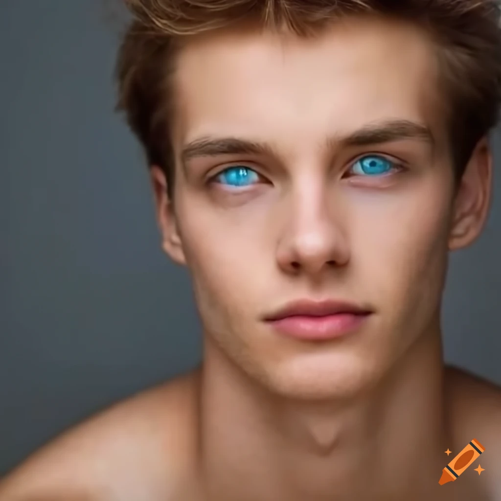 A handsome strong young man with french heritage, brown hair, blue eyes