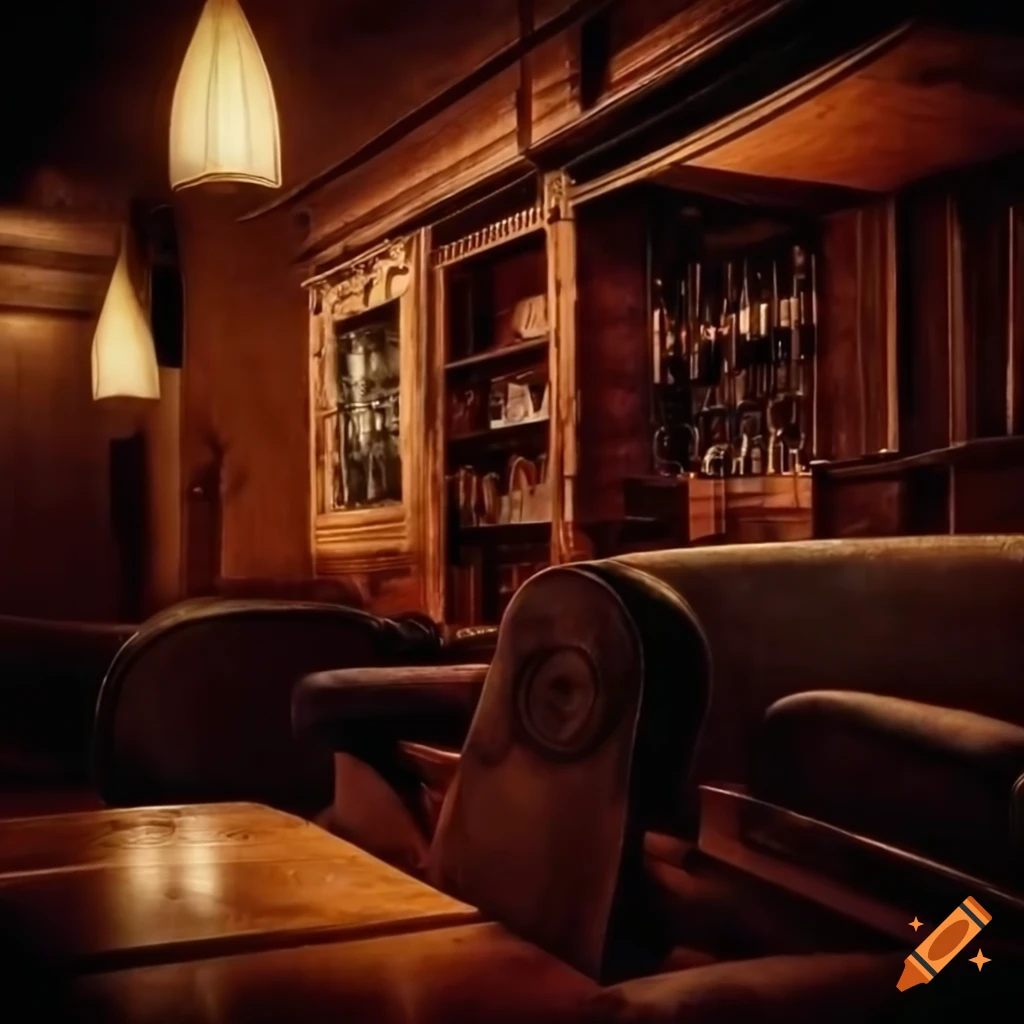 A vintage smoking room with a wooden bar and leather seats on Craiyon