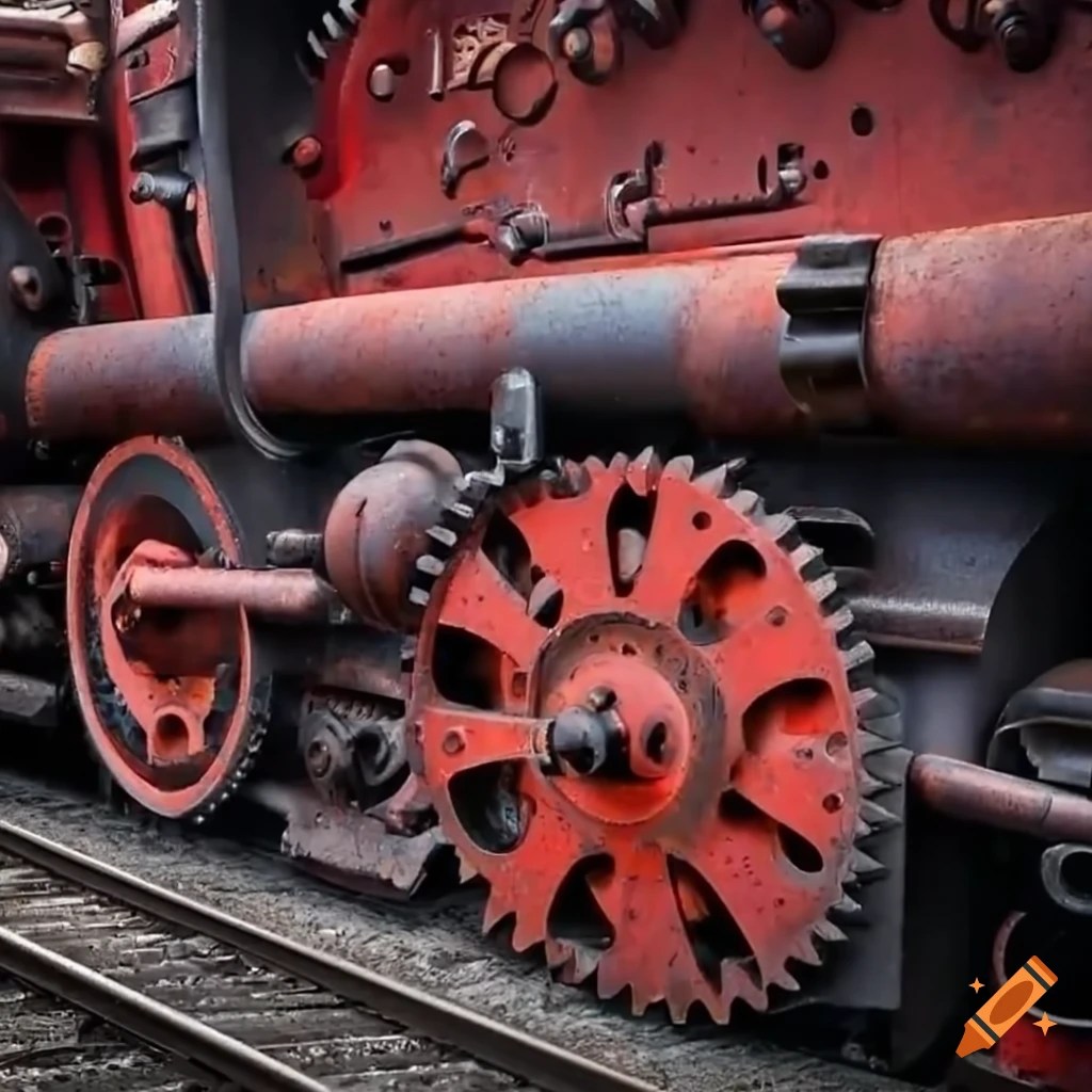 Rusty red locomotive engine with steam pipes and iron gears