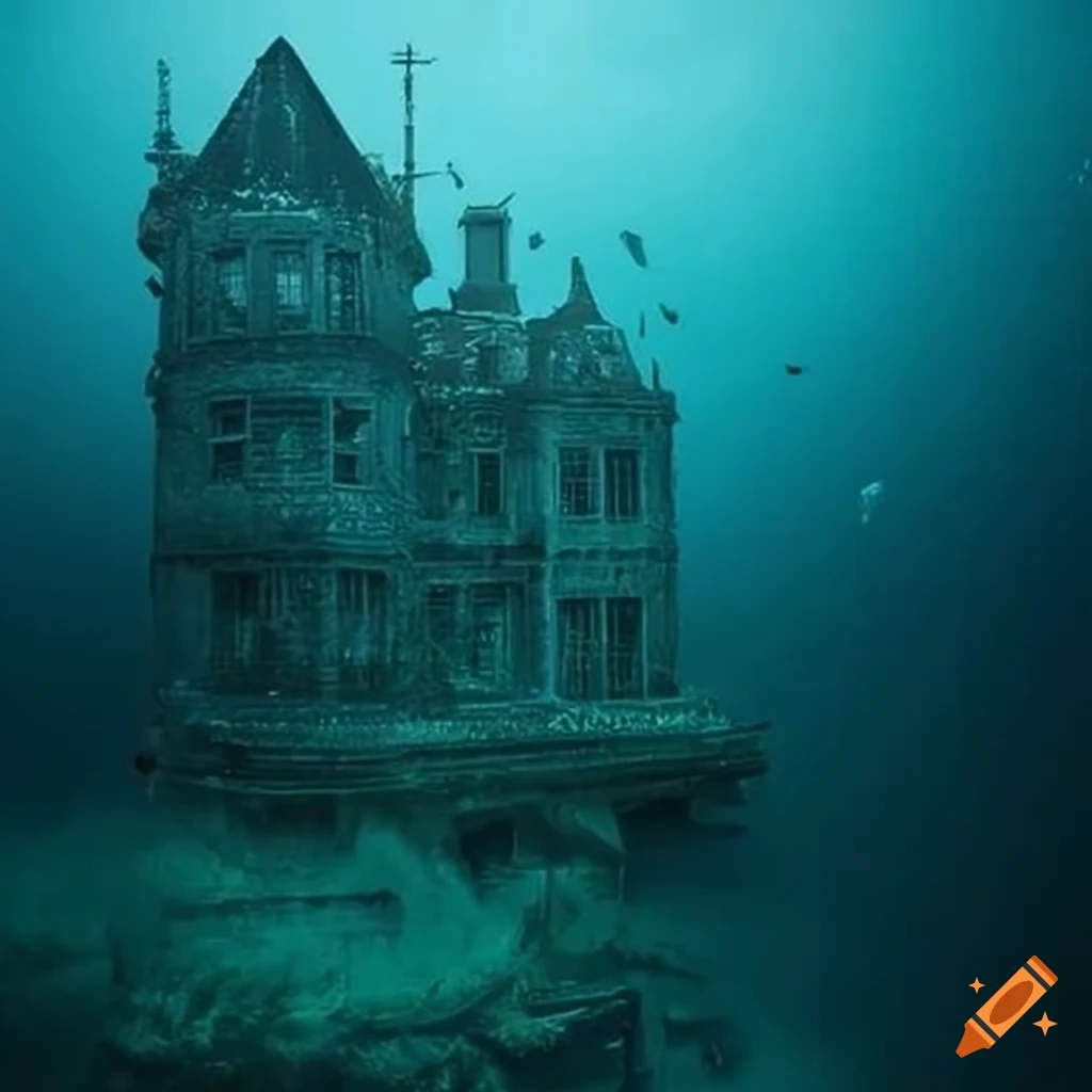 An eerie mansion sinking under the sea during a storm
