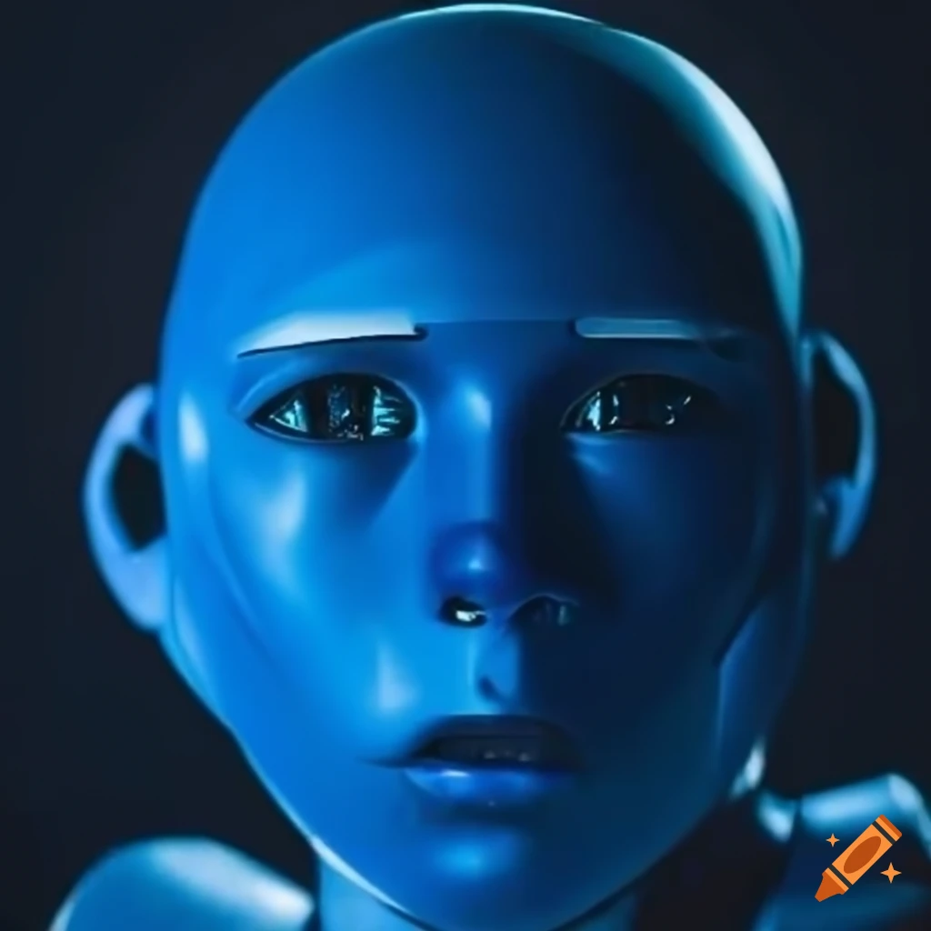 A sad blue futuristic robot humanoid in a futuristic spaceship