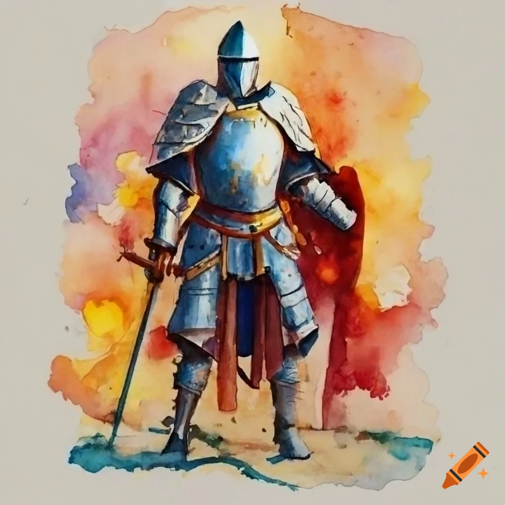 A watercolor painting of a knight character in a fantasy setting on Craiyon