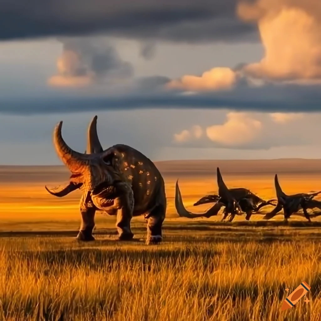 A mostly grey and brown striped tyrannosaurus running among a big herd ...