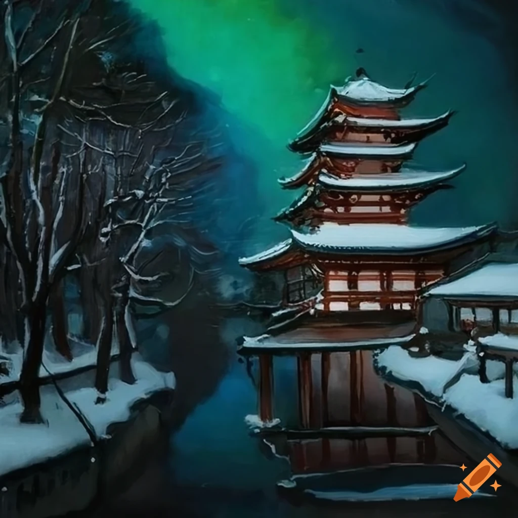 Snowy japan temple at night with green polar lights in the sky as an ...