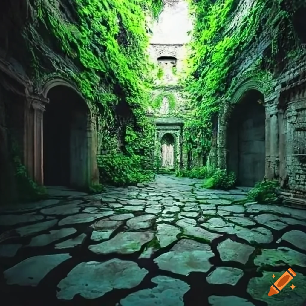 Roman architecture overgrown, reflective floor