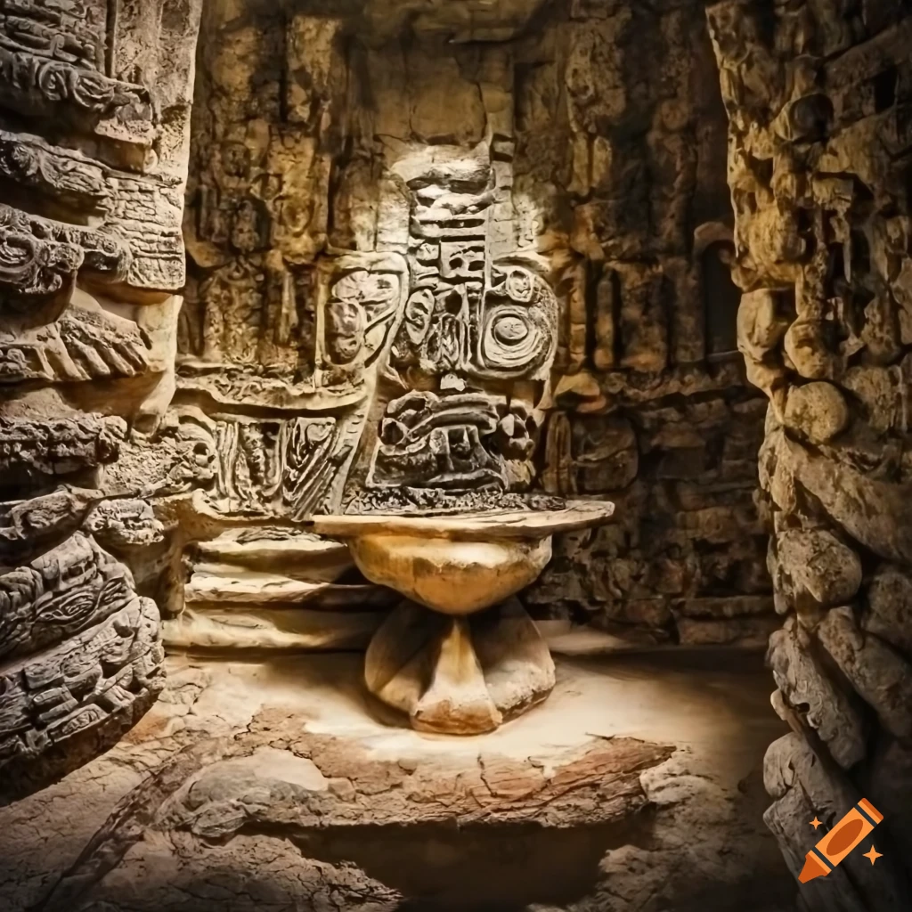 Massive Mayan stonework interior chamber with single iron spike ...