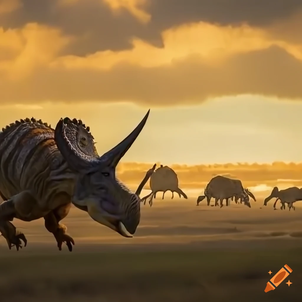 A mostly grey and brown striped tyrannosaurus running among a big herd ...