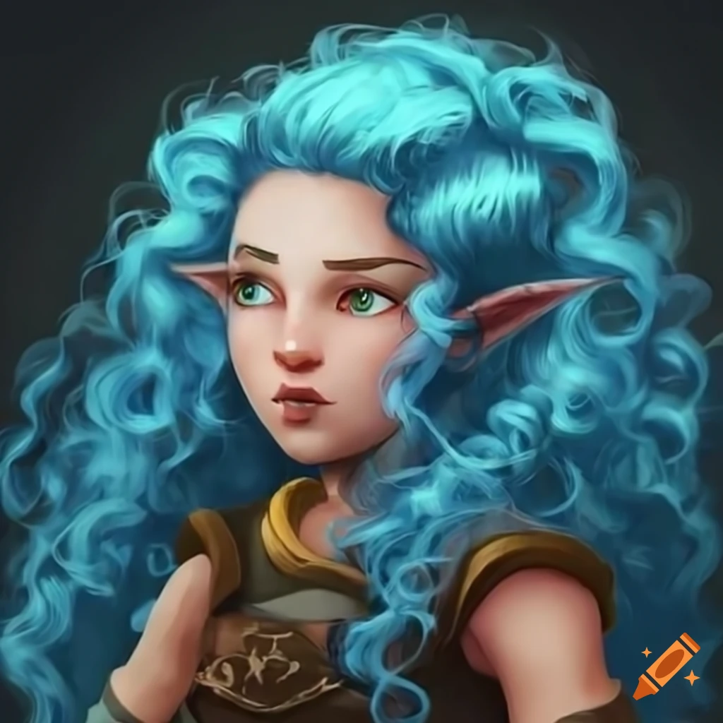 Female Curly Blue Long Hair Adventurer Gnome Leaves In Her Hair