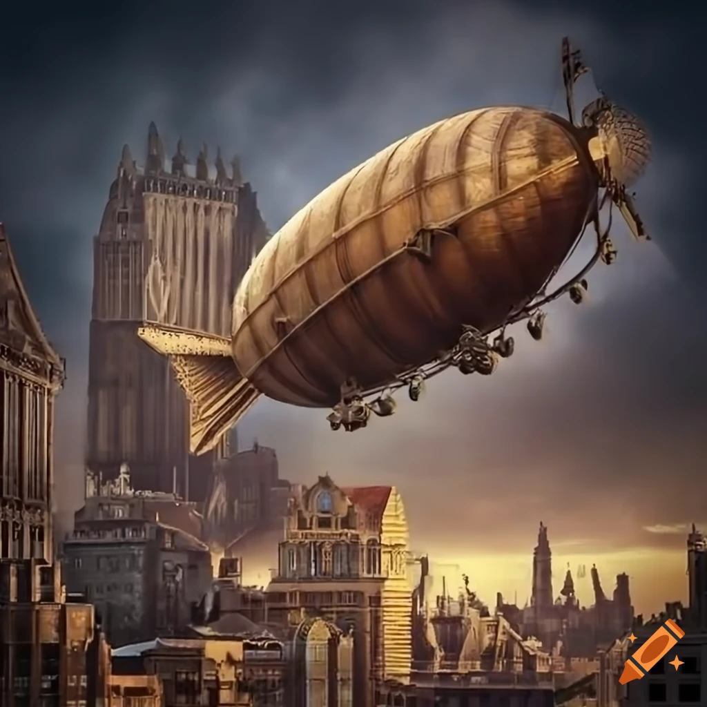 16k steampunk cityscape. Airships in the sky. Bronze and wooden ...