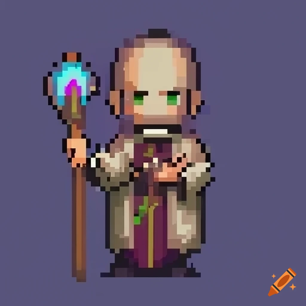 The 2d video game sprite of a priest character in pixelart on Craiyon