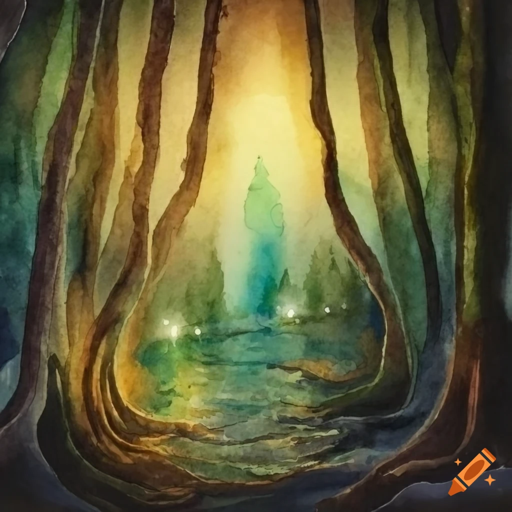 A watercolor painting of a enchanted forest in a fantasy setting
