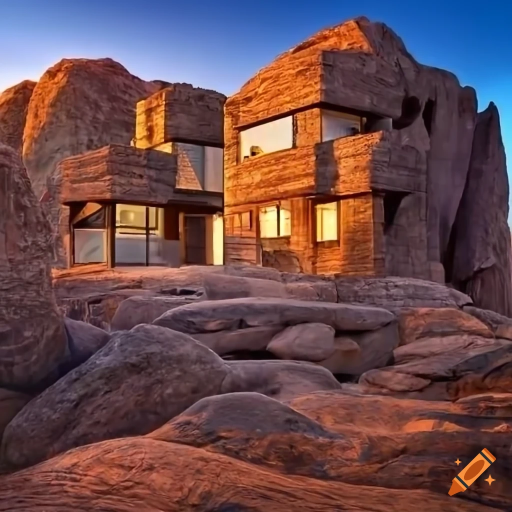 House build into granitic rocks, modern style, highly detailed subject ...
