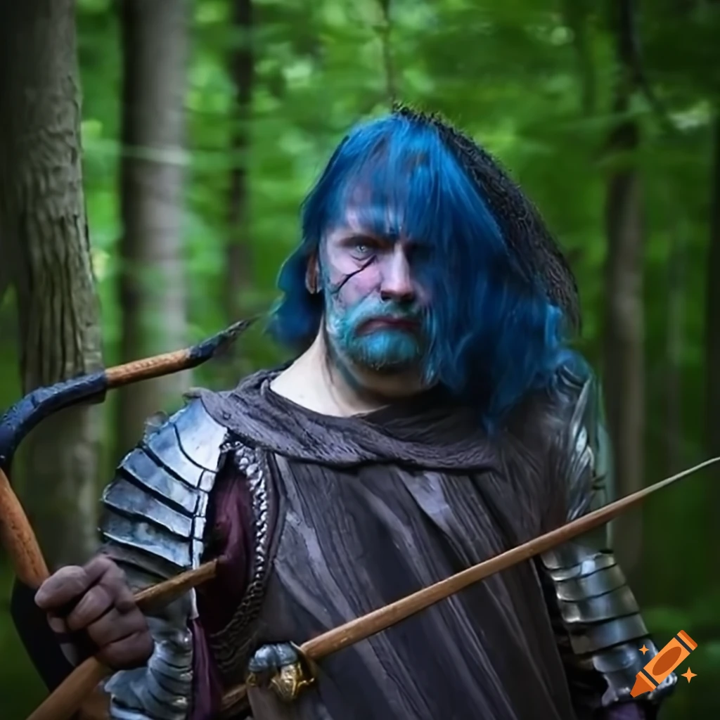Dark blue haired arcane archer man, in the woods, wearing armor