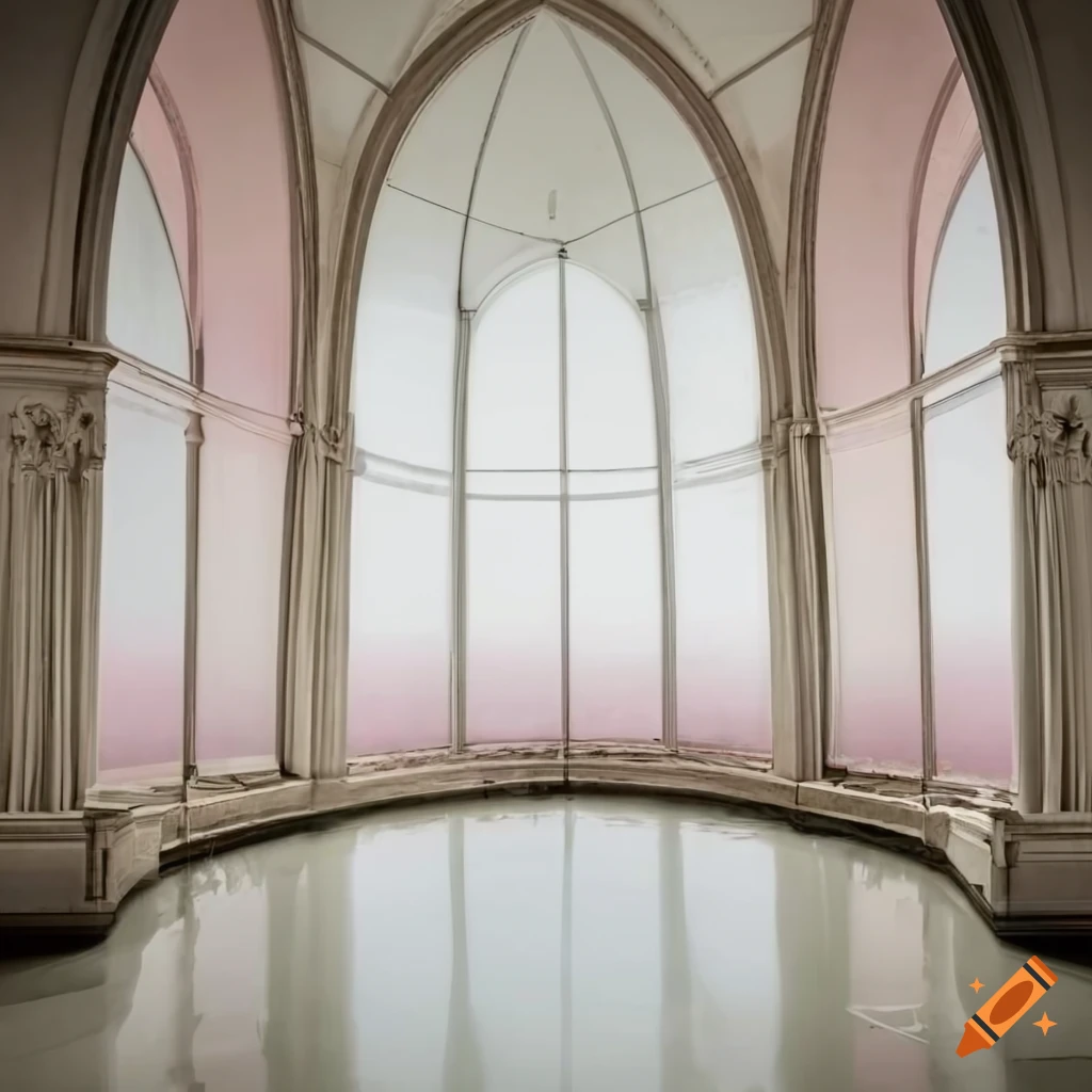 Abandoned curved white modern lobby with tattered pale pink curtains ...