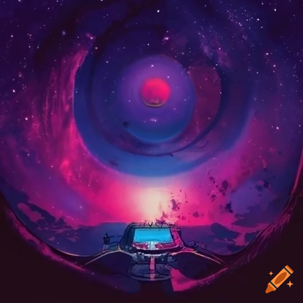 Retro style Groovy space ship flying through the galaxy with a trail ...