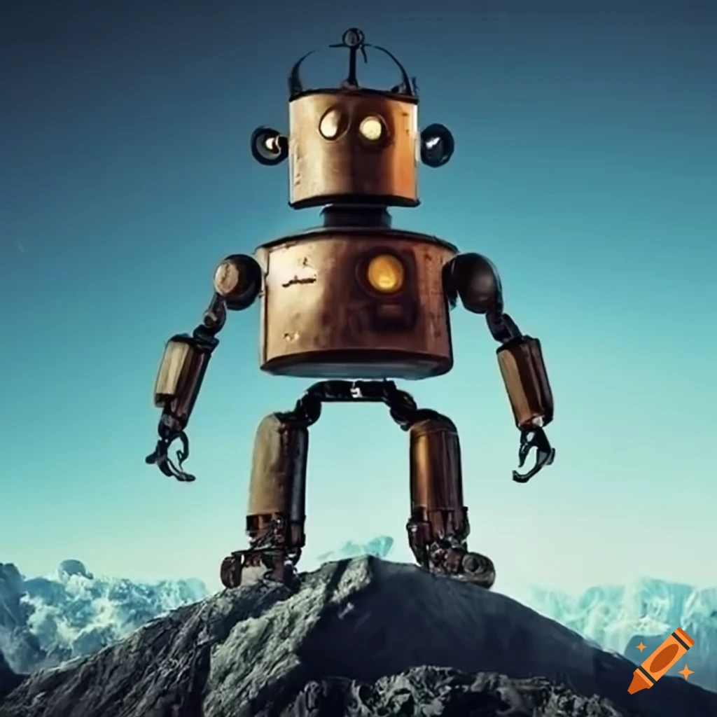 An old fashioned looking robot, climbing a mountain on Craiyon