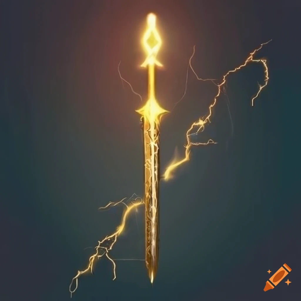 Longsword with glowing golden runes with golden lightning in the background