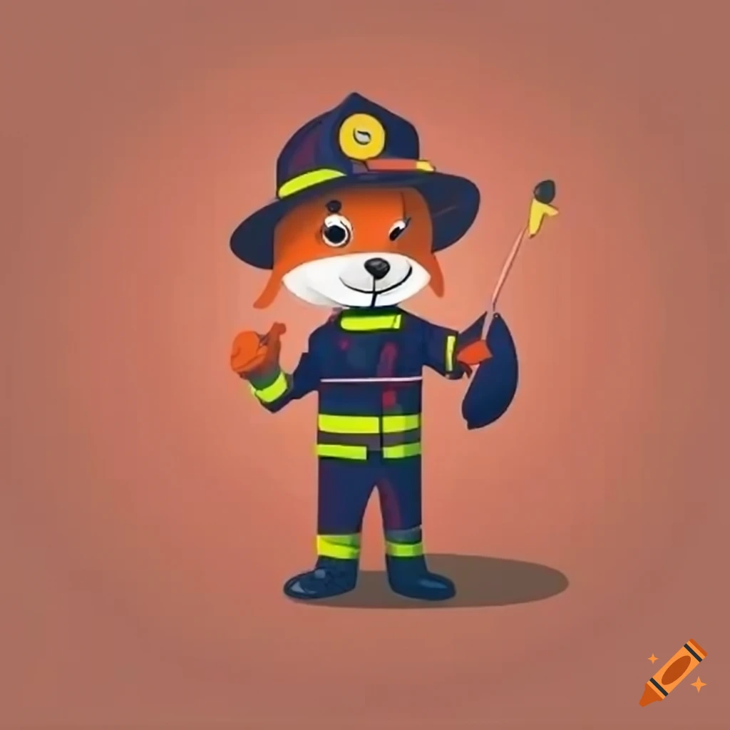 Cartoon fox firefighter holding a smoke detector in his hand
