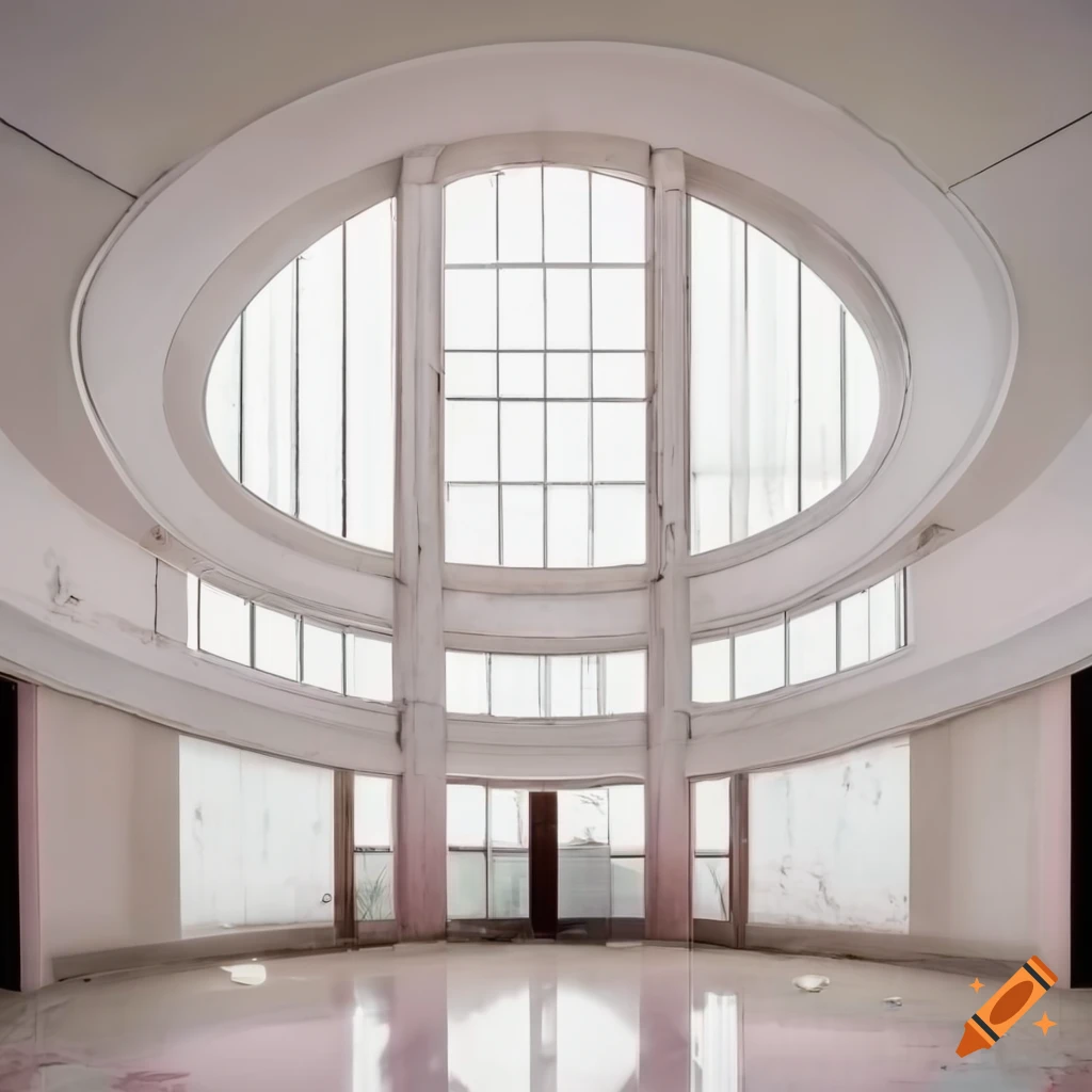 Abandoned curved white modern lobby with tattered pale pink curtains ...