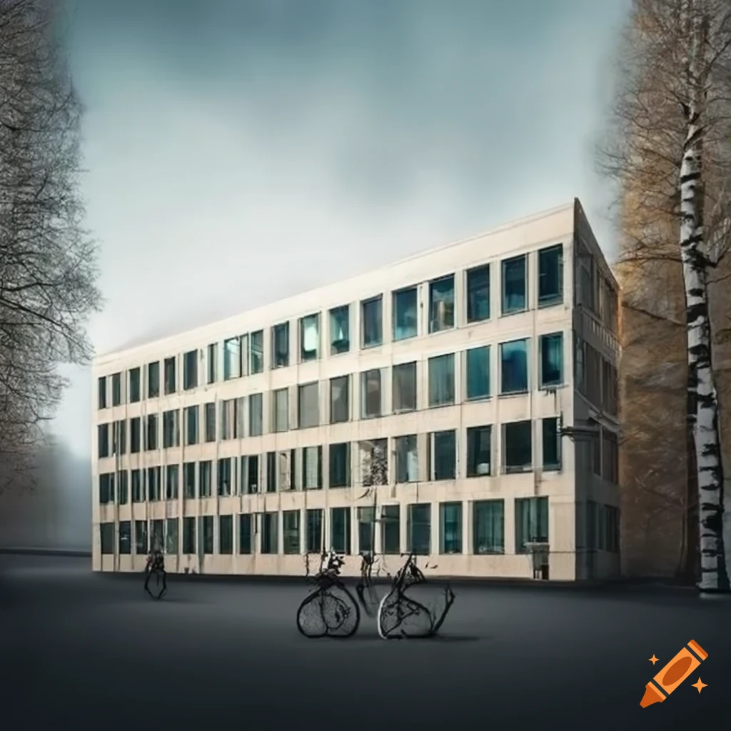 Office building with birch trees, cyclists and scotland flag
